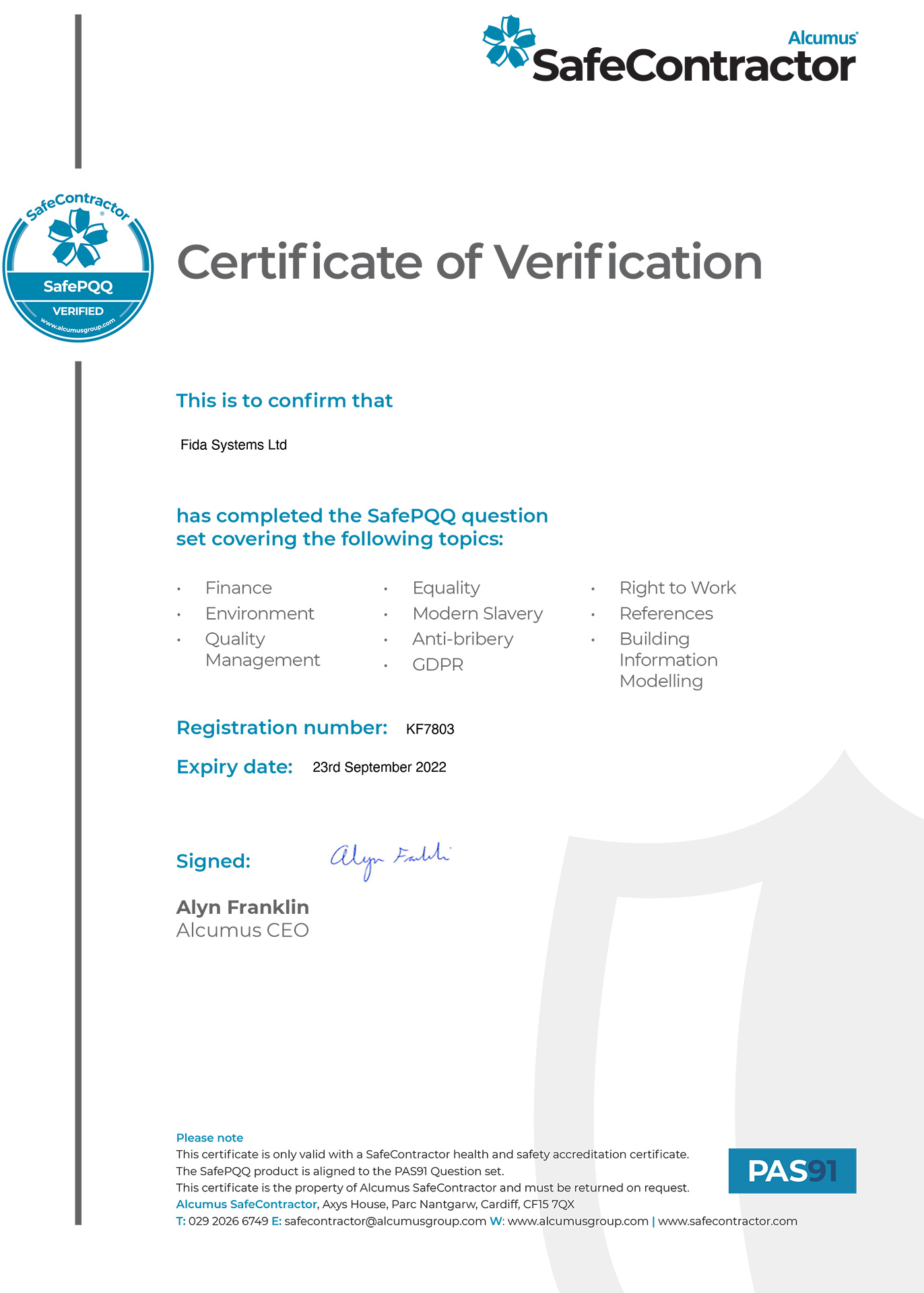 Approvals / Certification – FIDA Systems Ltd